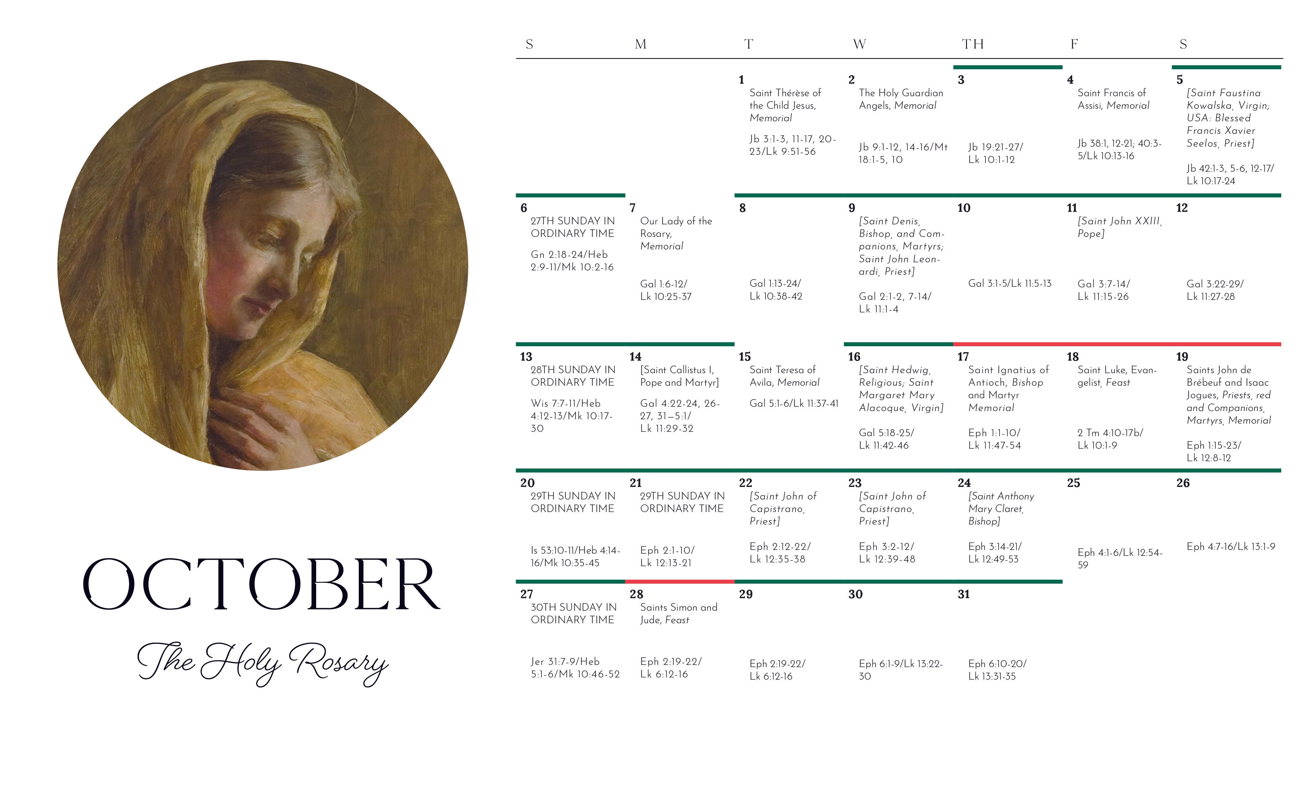 UPDATED: October Liturgical Calendar – Telos Art Catholic Jewelry