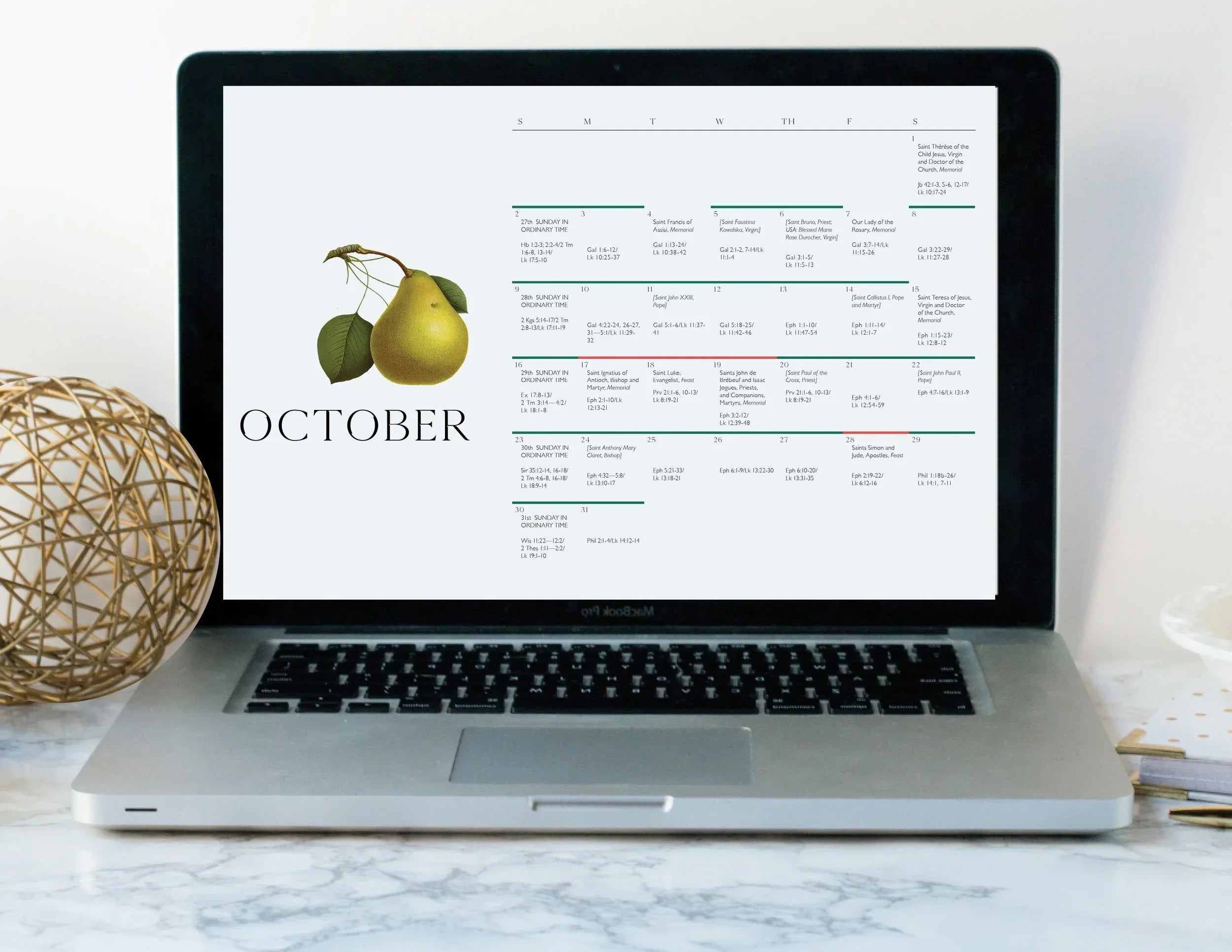October Liturgical Calendar – Telos Art Catholic Jewelry